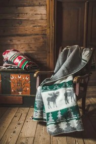 Wooline Vlněná deka s motivem soba, zelenobílá