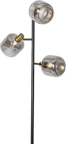 Stojací lampa černá se zlatem a kouřovým sklem 3-světlo - Zuzanna