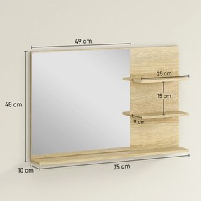 Moderní koupelnové zrcadlo Kleankin se 2 bočními policemi a spodní policí, nástěnné zrcadlo z MDF a skla, 75x10x48 cm, Dřevěná barva