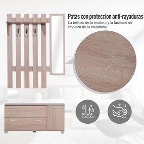 HOMCOM Set do předsíně s zrcadlem, věšákem na kabáty a skříní na boty - nábytek do předsíně se 3 háčky, policí a 2 šuplíky v dubové barvě