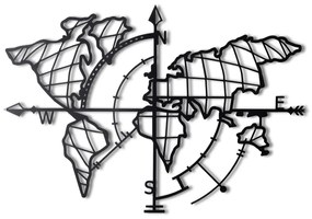 Wallexpert Dekorativní kovový nástěnný doplněk World Map Compass Led - Black, Černá