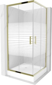 Mexen Rio, čtvercový sprchový kout s posuvnými dveřmi 90 (dveře) x 90 (dveře) x 190 cm, 5mm čiré sklo s pásky, zlatý profil + bílá sprchová vanička RIO, 860-090-090-50-20-4510