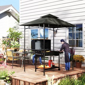 Outsunny BBQ pavilon s LED 240 x 150 x 258 cm, voděodolný a ohnivzdorný zahradní pavilon s dvouvrstvou střechou, bočními policemi, zahradní pergola s…