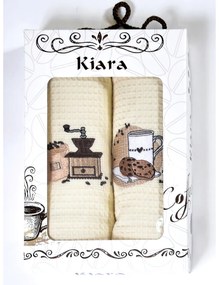 Utěrky KIARA 139 vaflové vyšívané, dárkové balení, mlýnek a sušenky, smetanová 2 kusy 50x70cm