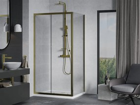 Mexen Apia sprchový kout s posuvnými dveřmi 110 (dveře) x 90 (stěna) cm, 5mm čiré sklo, zlatý profil + bílá sprchová vanička SLIM, 840-110-090-50-00-4010G