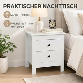 HOMCOM Moderní noční stolek se 2 zásuvkami, odkládací stolek s podložkami na nohy do ložnice, bílý