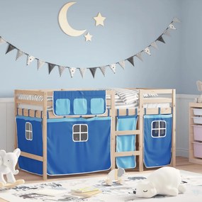 Dětská patrová postel se závěsy modrá 80 x 200 cm borovice