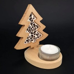 AMADEA Dřevěný svícen stromek s vkladem - ornament, masivní dřevo, výška 10 cm
