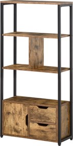 HOMCOM Knihařský regál s kabinetem a 2 úložnými šuplíky, průmyslový styl, 58x24x122 cm, rustikální hnědá