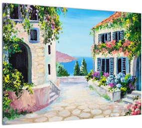 Skleněný obraz - Řecká ulička, olejomalba (70x50 cm)