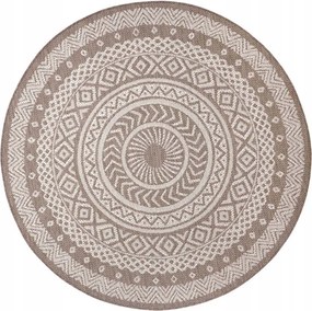 Koberec hnědo krémový kulatý plochý, Mandala 160 cm