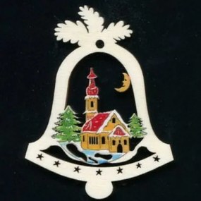 AMADEA Dřevěná ozdoba barevná zvonek s kostelem 9 cm