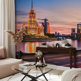 Fototapeta Moskva Rusko - noční panorama s výškovým domem a barevnými světly