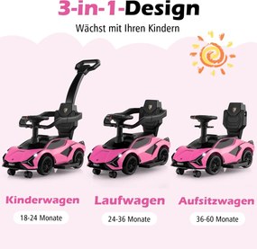 Costway 3 v 1 Lamborghini Push Car se světlomety a hudbou a – růžový