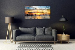 Obraz na skle Loďky Moře Slunce Krajina 140x70 cm