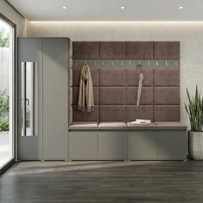 Předsíňová stěna Trinity 9 s čalouněnými panely, 290 cm, grafit/ světle hnědá
