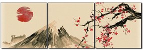 Obraz na plátně - Tradiční sumi-e obraz: sakura, slunce a hory - panoráma 5271FB (90x30 cm)