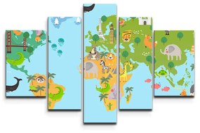 Sablio Obraz - 5-dílný Zvířecí mapa světa - 125x90 cm