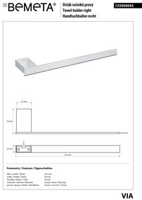 Bemeta Design VIA: Držák ručníků, 297 mm -