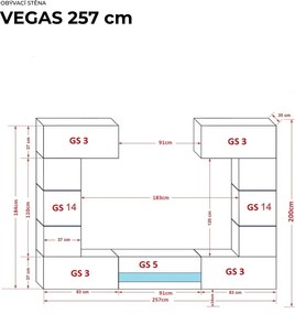 Ral Obývací stěna VEGAS 1, 257 cm - Bílý lesk