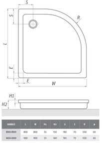 Čtvrtkruhová akrylátová sprchová vanička HAWAII 150 mm S 800 × 800 R550 HAWAII /800 8000007