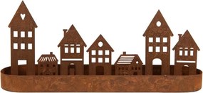 Rezavá dekorace svícen s domečky - 30*8*13 cm