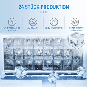 HOMCOM Výrobník kostek ledu, 20 kg/24h 2,3 l, s nádržkou na vodu 3,2 l, automatický čisticí program, nerezová ocel, 25,2 x 36 x 37,1 cm, stříbrná| Ao…