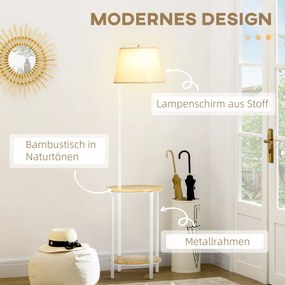 HOMCOM Stojací lampa 162 cm 40 W Stojací lampa se 2 policemi a plátěným stínidlem z bílého kovu do obývacího pokoje a ložnice