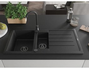 Mexen Andres, granitový dřez 1000x500x200 mm, 1,5-komorový, černá-stříbrná metalíza s černým sifonem, 6515101510-73-B