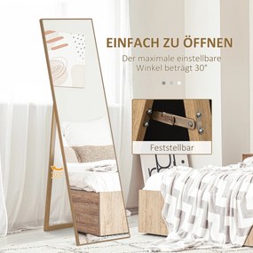 HOMCOM Stojací zrcadlo s dřevěnou strukturou Zrcadlo v plné délce Toaletní zrcadlo Make-up zrcadlo Stříbrná světle hnědá 40 x 35 x 147 cm do ložnice …
