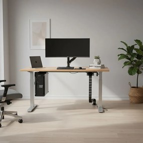 Výškově nastavitelný stůl OfficeTech A, 140 x 80 cm, šedá podnož, buk