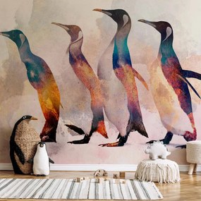 Fototapeta Zimní zvířata - motiv tučňáků na světlém pozadí s barevným akcentem