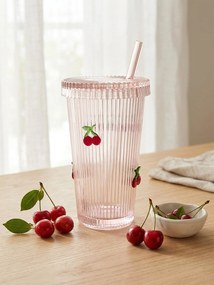 Sinsay - Skleněný hrnek s víkem a brčkem s reliéfním motivem třešní - pastelová růžová