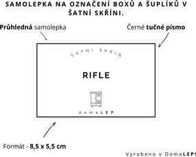 RYFLE - Samolepka na šuplíky a boxy do šatní skříně, 8,5 x 5,5 cm - DomaLEP varianta: SAMOLEPKA, barva: PRŮHLEDNÁ - ČERNÉ písmo, velikost: š. 8,5 cm x v. 5,5 cm - tučné písmo