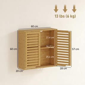 HOMCOM Koupelnová skříňka, závěsná skříňka z bambusu s větracími lamelovými dveřmi, nastavitelná police 60 x 20 x 60 cm, přírodní dřevo