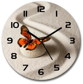Wallmuralia Skleněné hodiny kulaté Kámen zen a motýl fi 30 cm