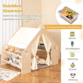Costway Dřevěný dětský stan 6-IN-1 s dětským stolem a židlí, podložkou a tabulí