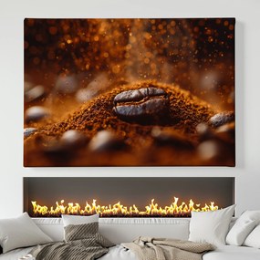 Obraz na plátně - Káva, zrnko v namleté hromádce FeelHappy.cz Velikost obrazu: 210 x 140 cm