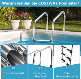 Costway Nerezový bazénový žebřík 3-stupňový bazénový žebřík s protiskluzovými