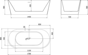 Mexen Oval, volně stojící nástěnná vana 170 x 80 cm, bílá, růžové zlato přepad, 52671708000-60