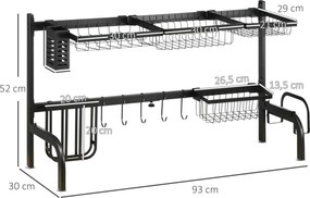 HOMCOM Sušák na nádobí, dvouúrovňový stojan na sušení nádobí, sušák o rozměrech 51-93 cm s háčky, odkapávač pro kuchyňský dřez, nerezová ocel, černý