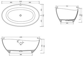 Mexen Parma volně stojící vana z Konglomerátu 160 x 95 cm, Matná bílá - 57231609500