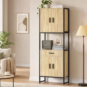 HOMCOM vysoká skříň do kuchyně, kuchyňská skříňka, 4 dveře s tlumeným zavíráním, zásuvka, pracovní deska, 60x30x170 cm, přírodní dřevo