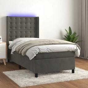 Box spring postel s matrací a LED tmavě šedá 90x200 cm samet 3139782