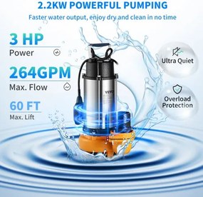 ponorné čerpadlo na vodu, 2200 W 60000 l/v, s 10 m