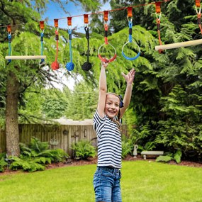 Outsunny Ninja Slackline Set 30 kusů, 10m lano s překážkami, lezecký rám, venkovní trénink lezení, herní vybavení pro děti 3-6 let, gymnastické kruhy…