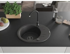 Mexen Kevin, granitový dřez 586x458x190 mm, 1-komorový, černá skvrnitá s černým sifonem, 6517581005-76-B