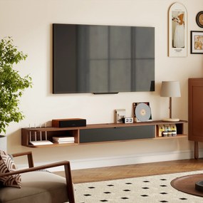 HOMCOM Závěsný TV nábytek, televizní stolek pro televize až do 190,5 cm, výklopná zásuvka, 2 police, 180x24x16 cm, ořech