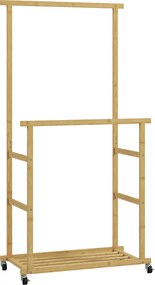 HOMCOM Stojan na oblečení na kolečkách, věšák s tyčí na oblečení, police na boty, z bambusu, 80 x 40 x 160 cm, přírodní