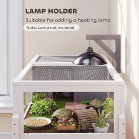 PawHut zvýšený dřevěný domek pro želvy – 2 zóny, držák na lampu, vysouvací zásuvka, šedý – 104 × 53 × 82 cm